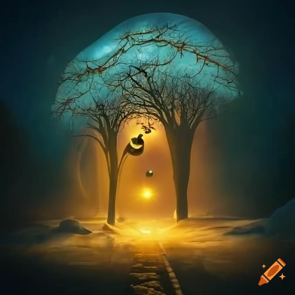 Strange surreal creatures in a park with whimsical trees, street lamps ...