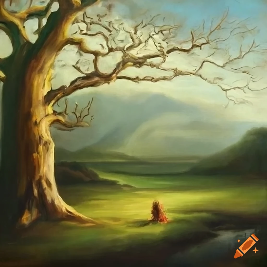 Irish landscape with druid and giant oak tree
