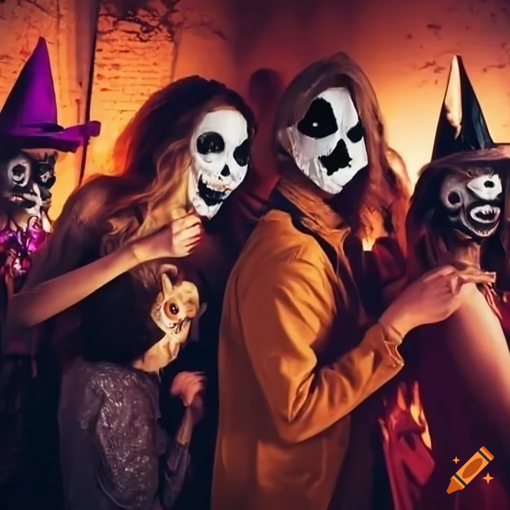 Group of 5 masked people at a Halloween party on Craiyon