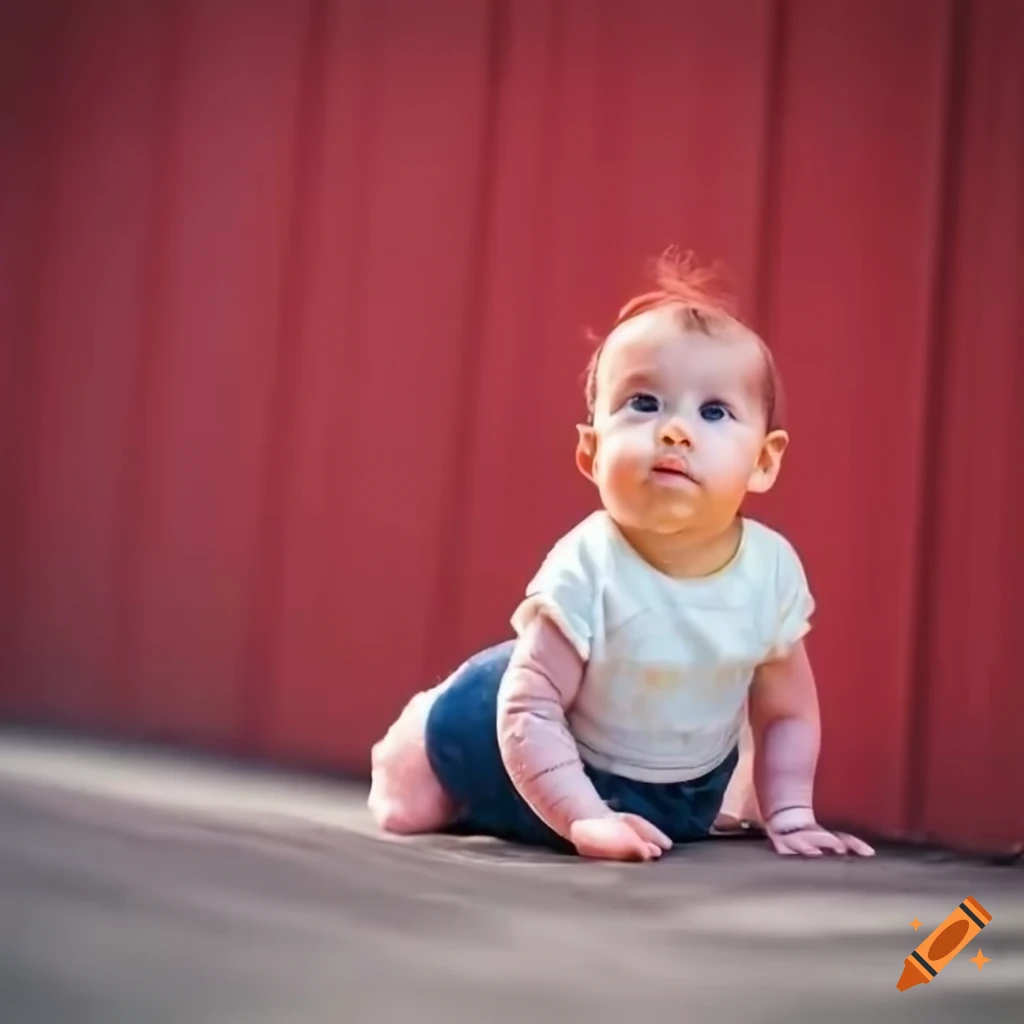 Innocent baby looking up at a red and white warehouse on a sunny day