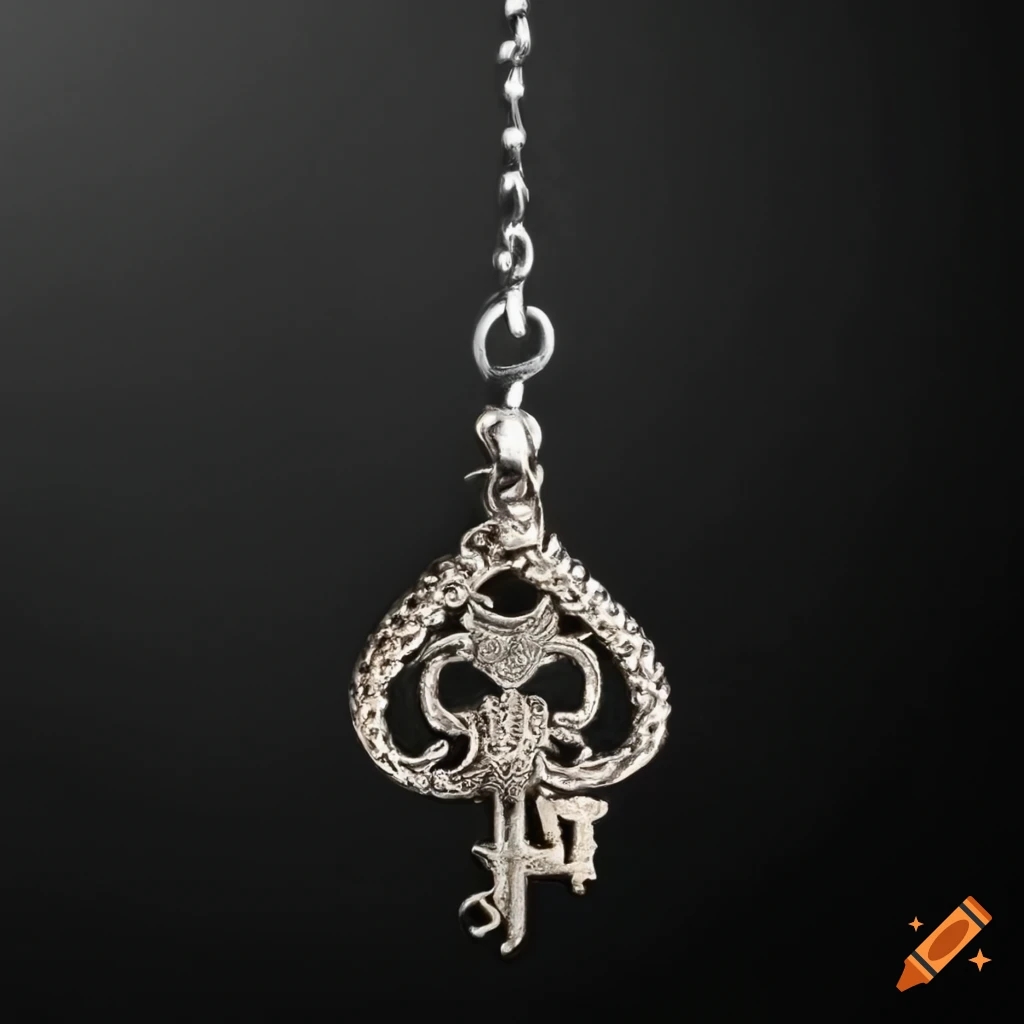 Small ritual key hanging from a silver chain adorned with runes