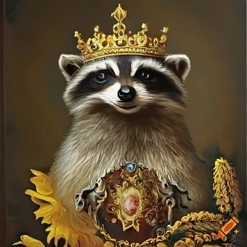Elegant royal crest with a regally depicted raccoon surrounded by ...