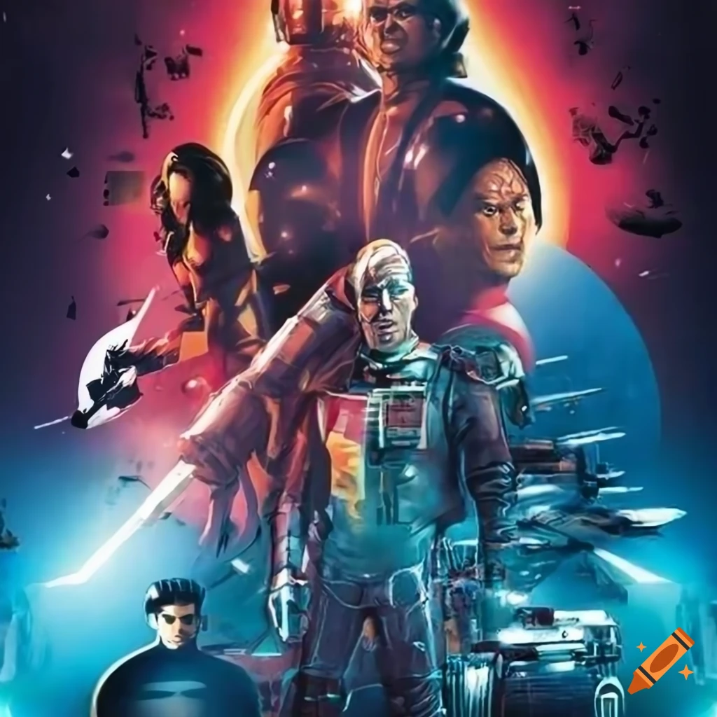 Retro movie poster with action heroes in space on Craiyon