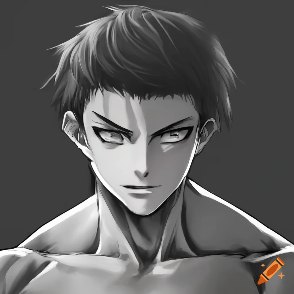 Muscular anime guy with determined face, black and white portrait on ...