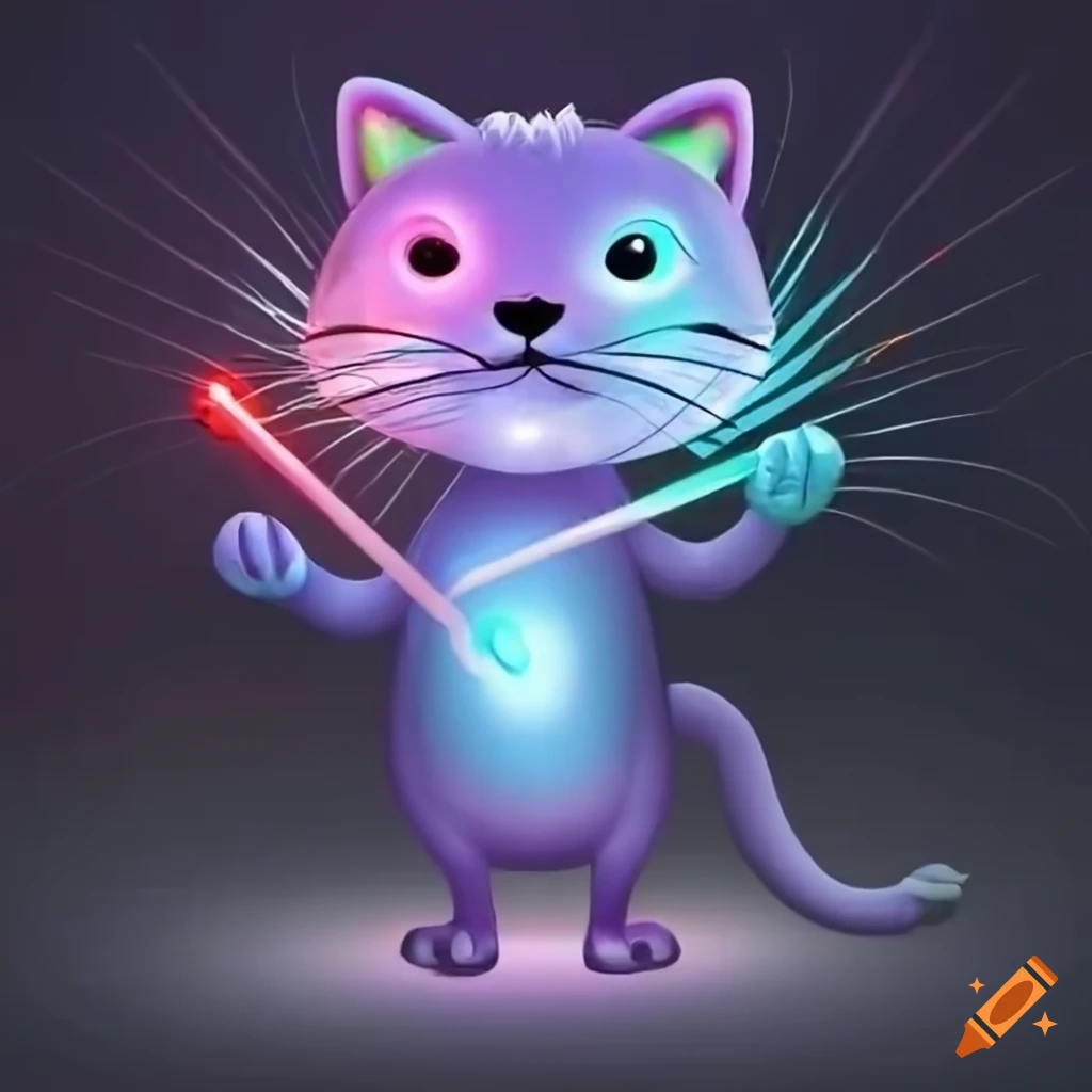 Happy pastel cat with a glow stick creating ray-traced light painting ...