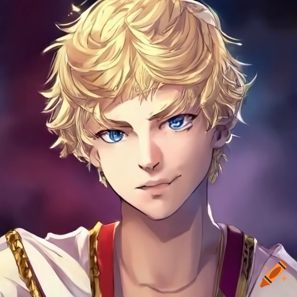 Blond-haired guy in Roman toga with blue eyes in anime style on Craiyon