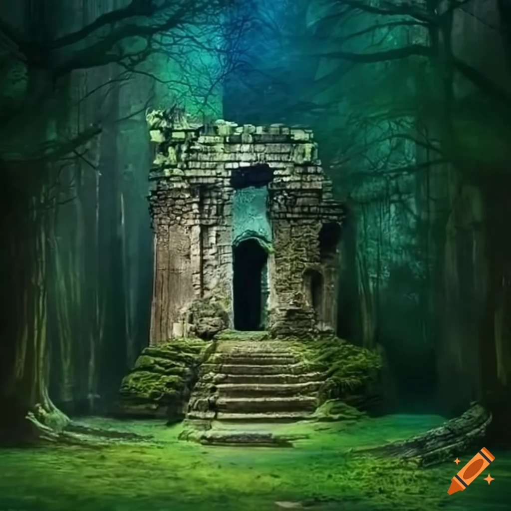 Crumbling temple ruin in the midst of an enchanted forest on Craiyon