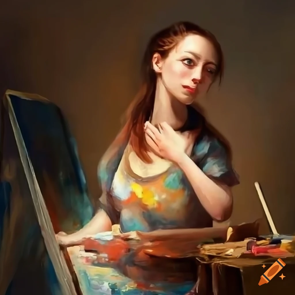 Female painter displaying her new painting