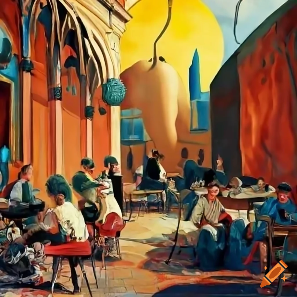 Café patio with seated customers in a painting by dali