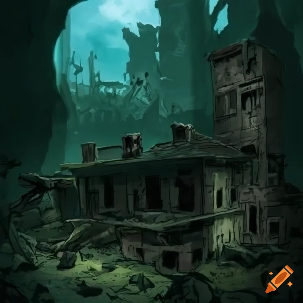 Comic style illustration of a destroyed house on Craiyon