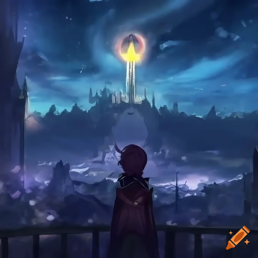 Anime fantasy scene with a tower and a bridge at night on Craiyon