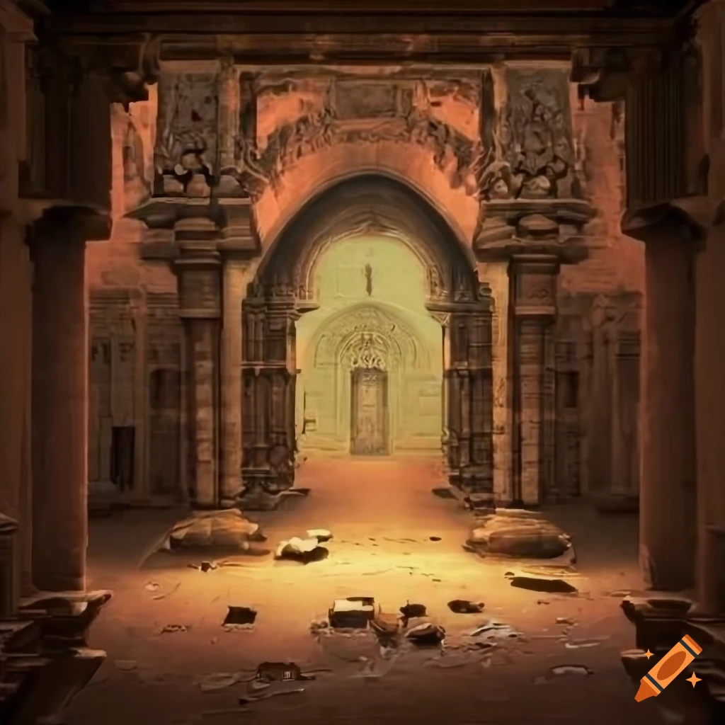 Huge old abandoned temple room with ancient scrolls and artifacts