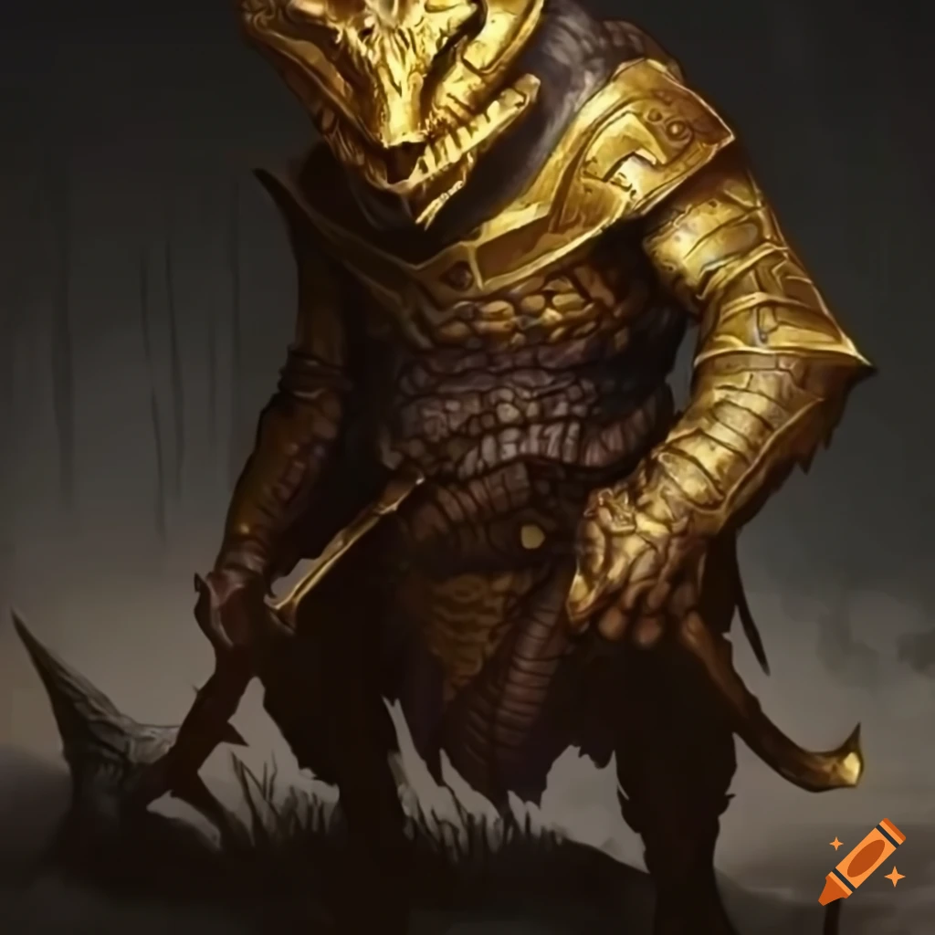 Dragonborn humanoid with brass scales holding a huge halberd on Craiyon