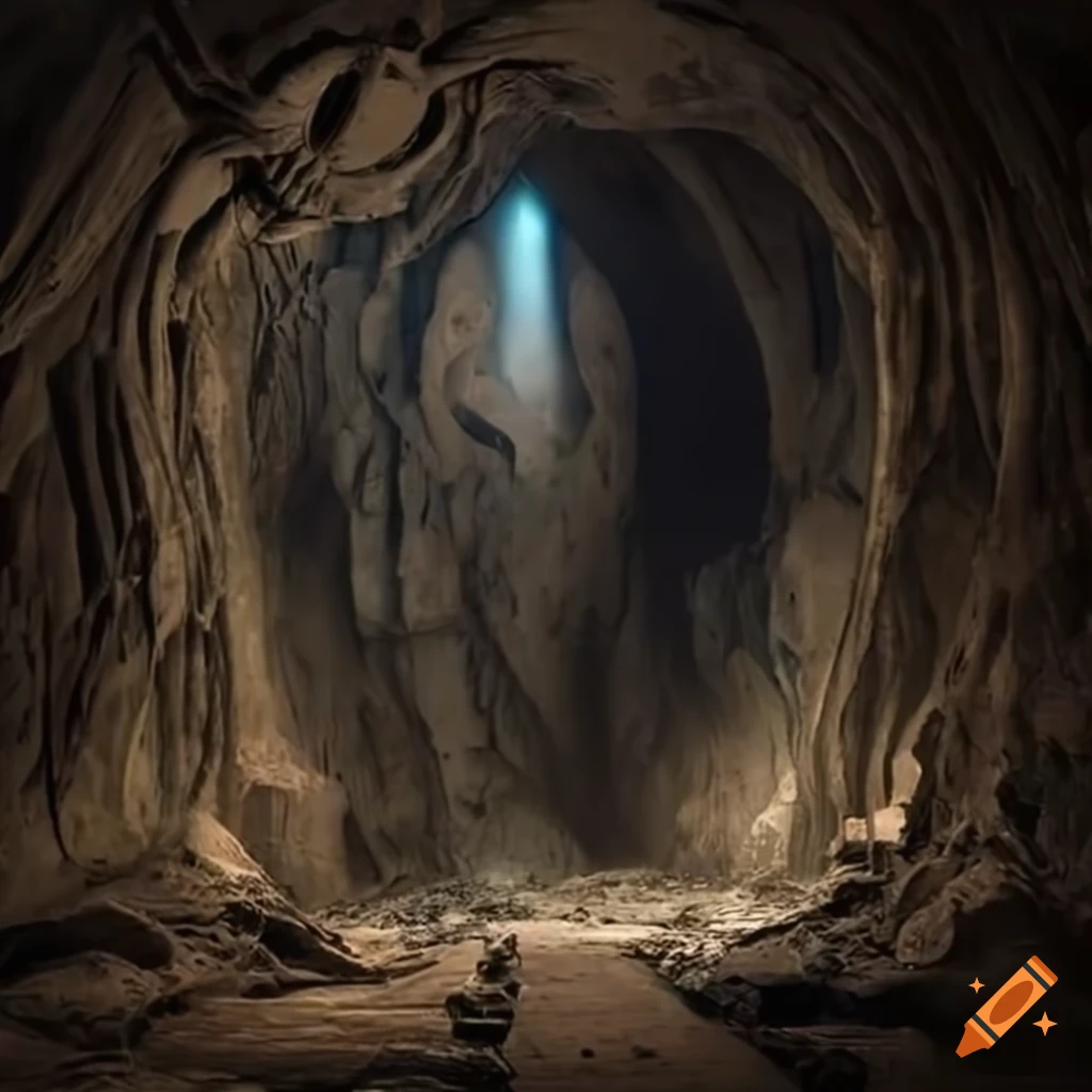 Alien cybernetic machinery inside an abandoned cave on Craiyon