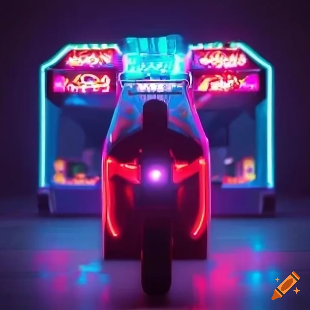 Neon-lit arcade motorcycle