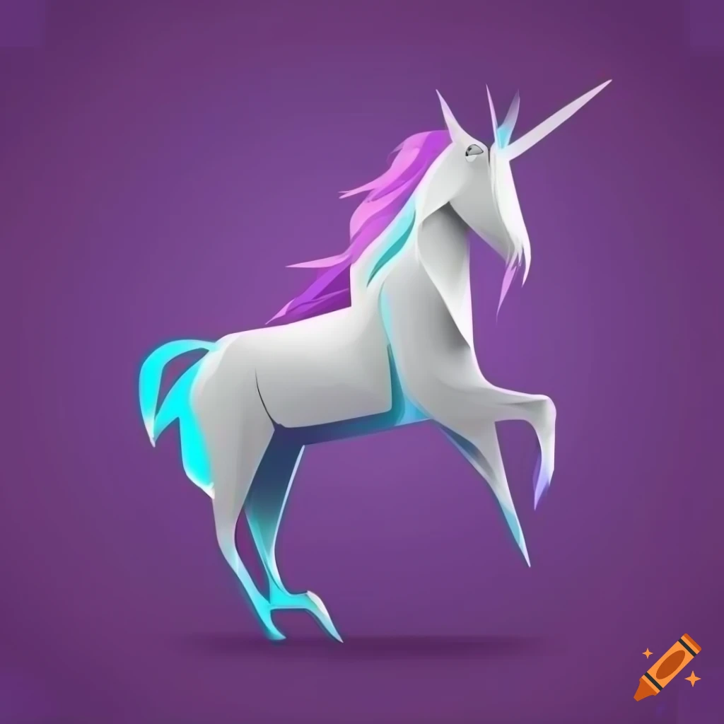 Modern geometric white unicorn 2d logo on purple background