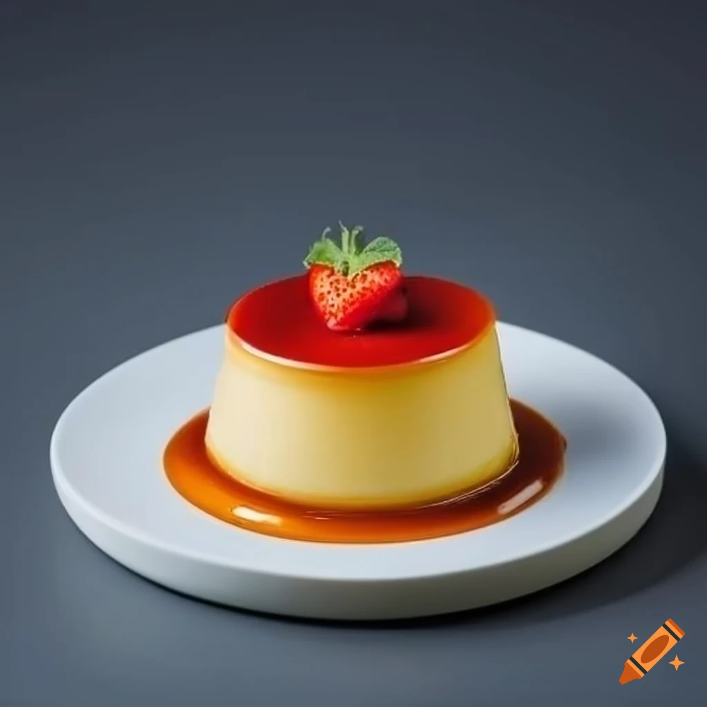 Delicious flan dessert with fresh strawberry on a white plate on Craiyon