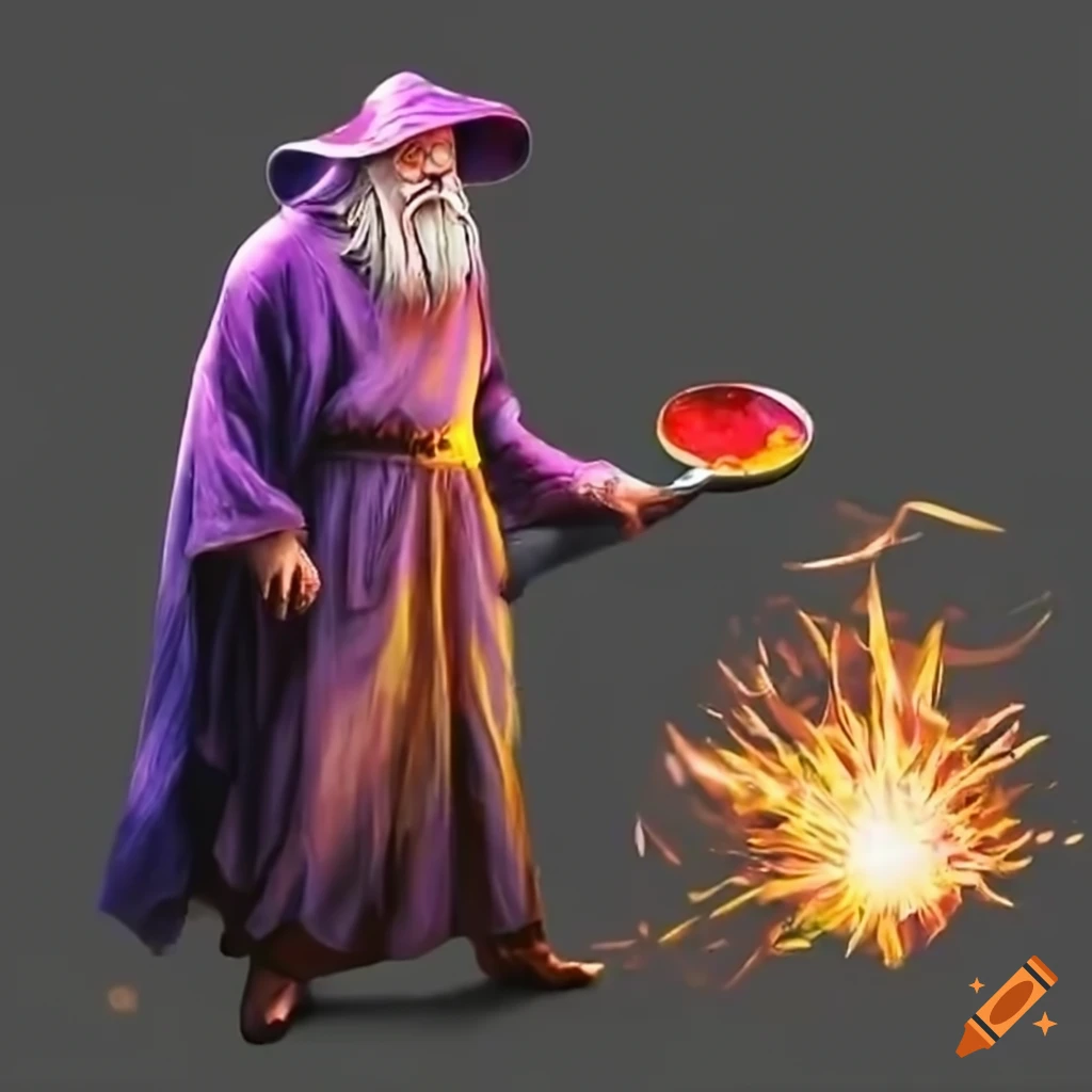 Wizard with a frying pan casting vibrant magic sparks in battle pose on ...