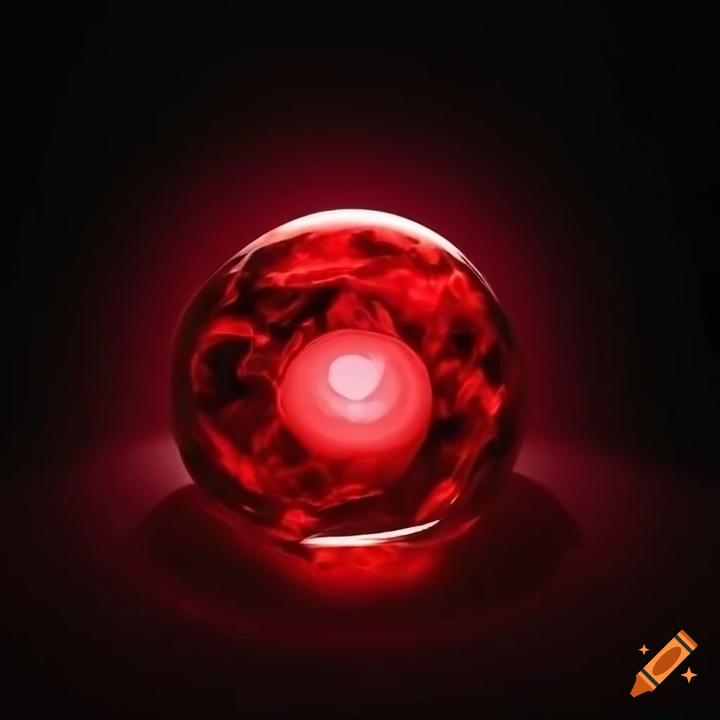 Eerie glowing red spherical glass gem on black background