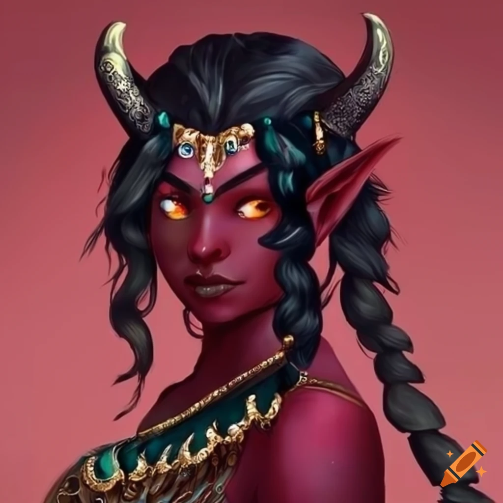 Red tiefling in indian-inspired attire with curved bejeweled horns and ...