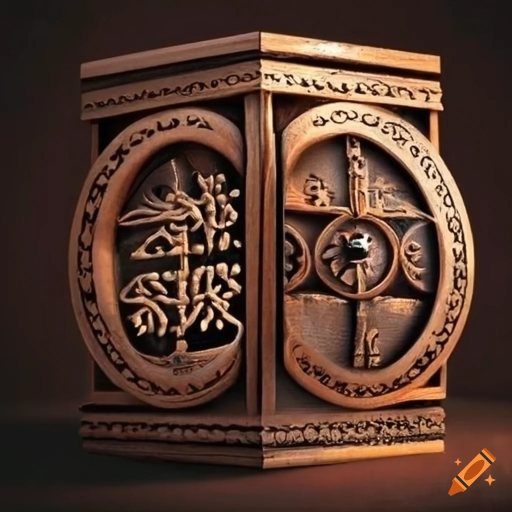 Enigmatic wooden box with time symbols on Craiyon