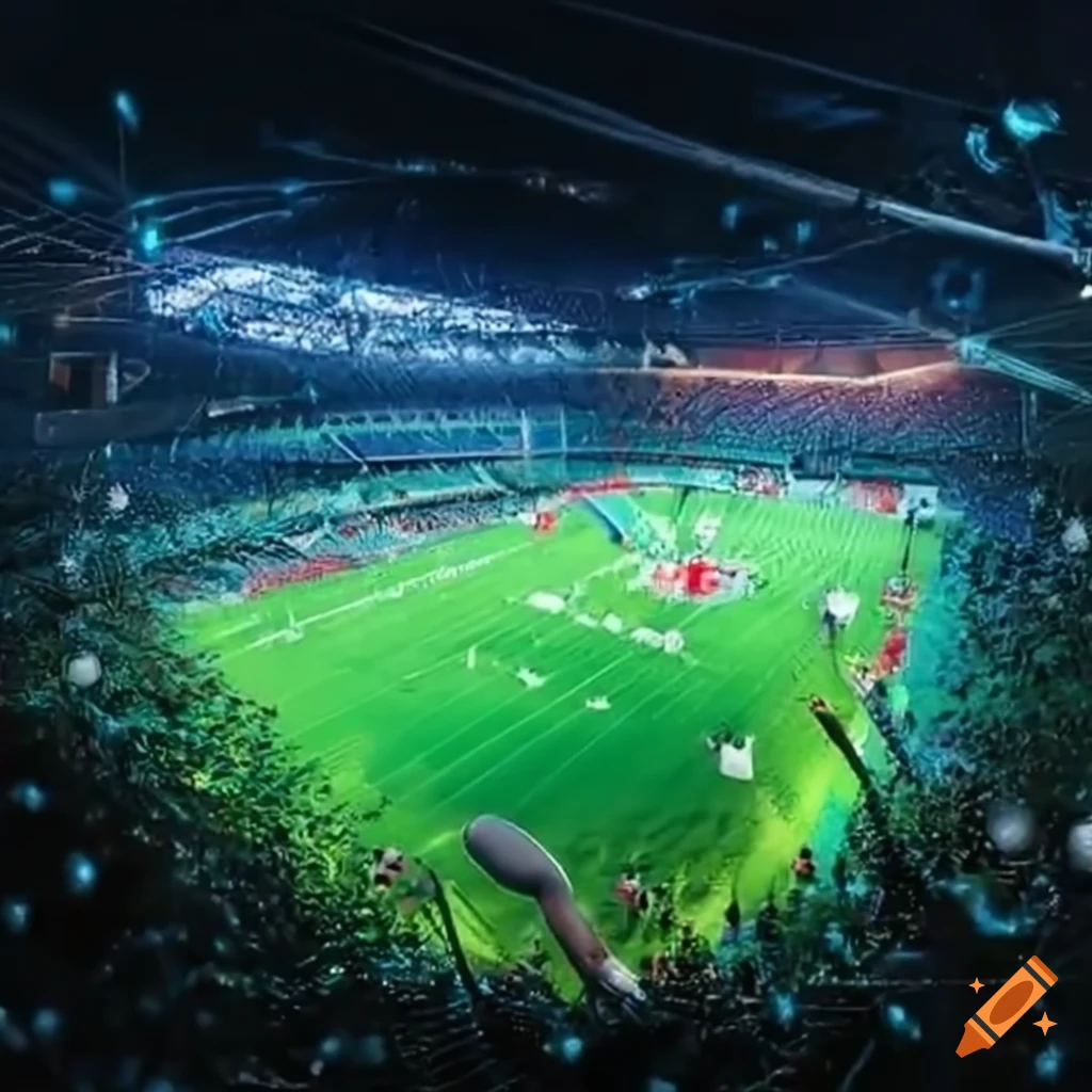 Rugby stadium during christmas with two teams playing on Craiyon