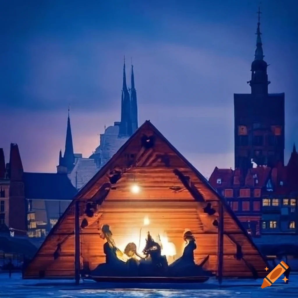 Nativity of christ in bethlehem with skyline of gdansk in the ...