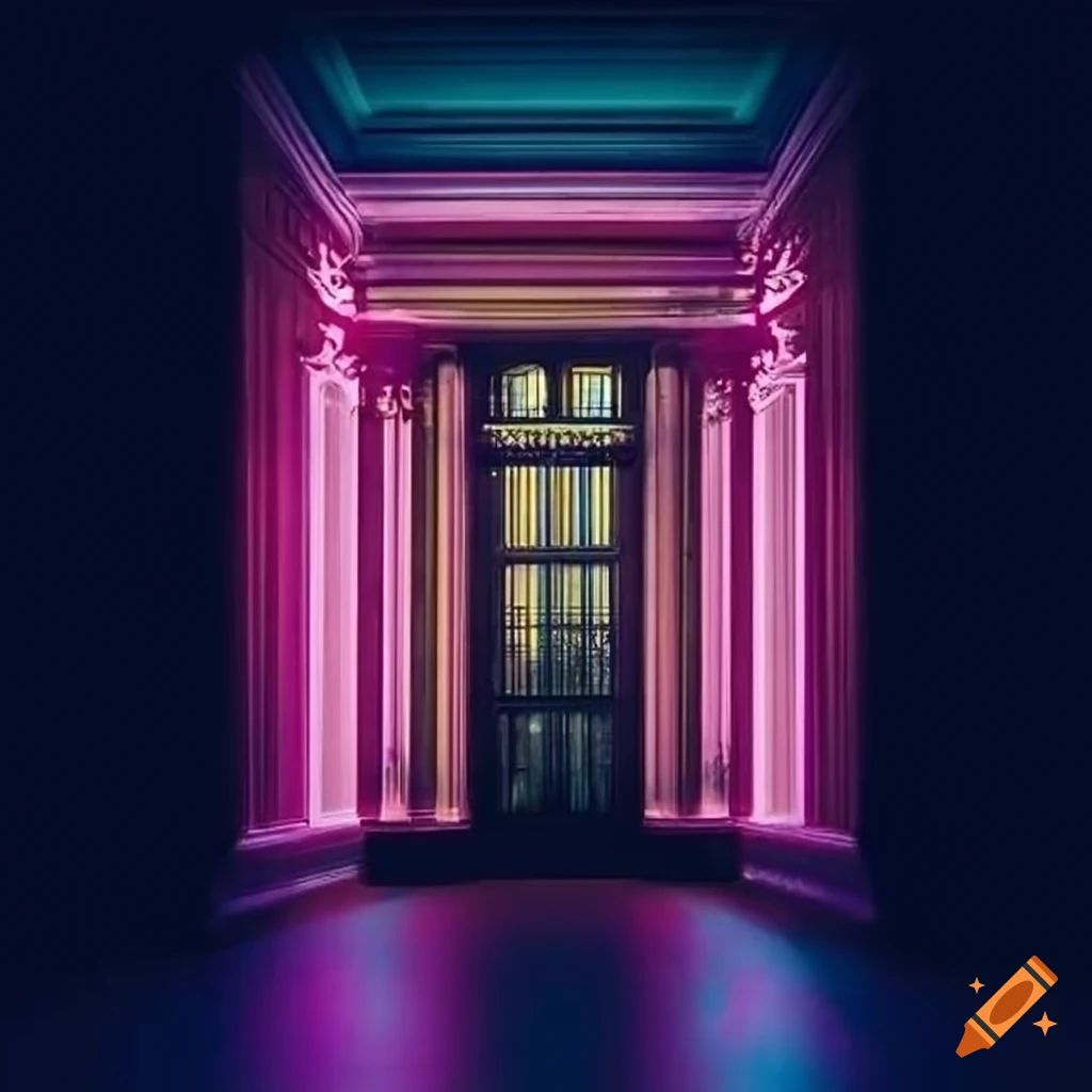 Building with large glass windows and neon lights on Craiyon