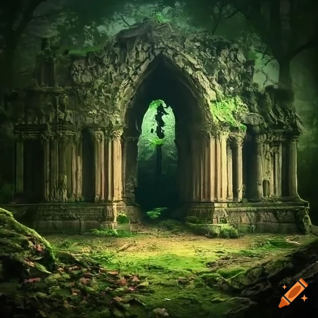 Crumbling temple ruin in the middle of an enchanted forest on Craiyon