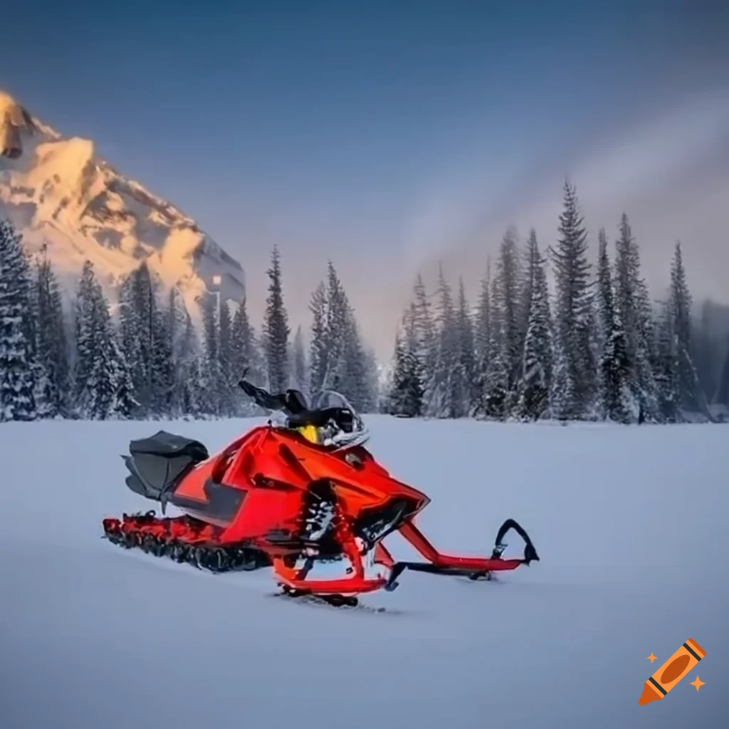 Red Nordic snowmobile in a frozen landscape with storage bag and world ...