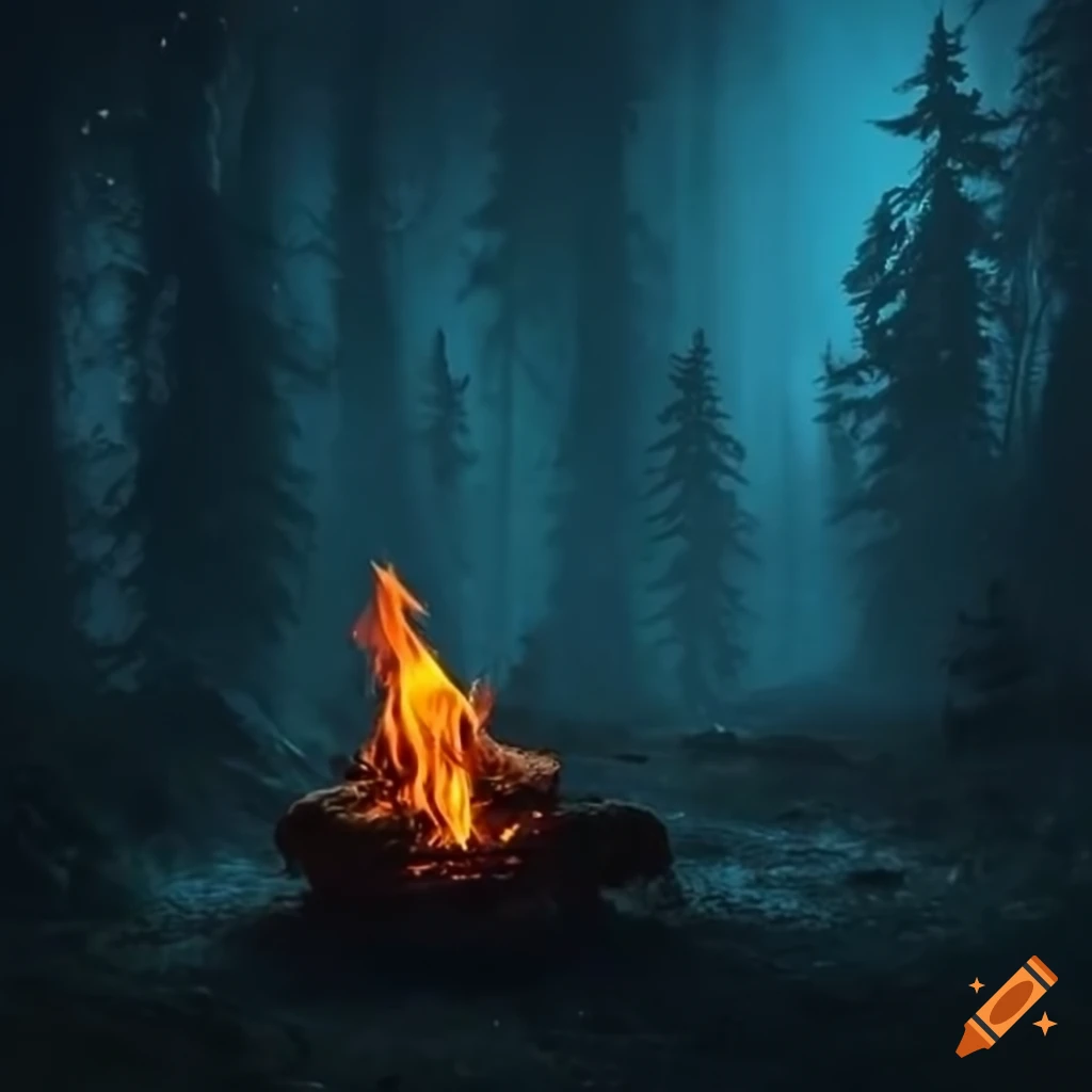 Stormy glade at night with a distant campfire and adventurers on Craiyon