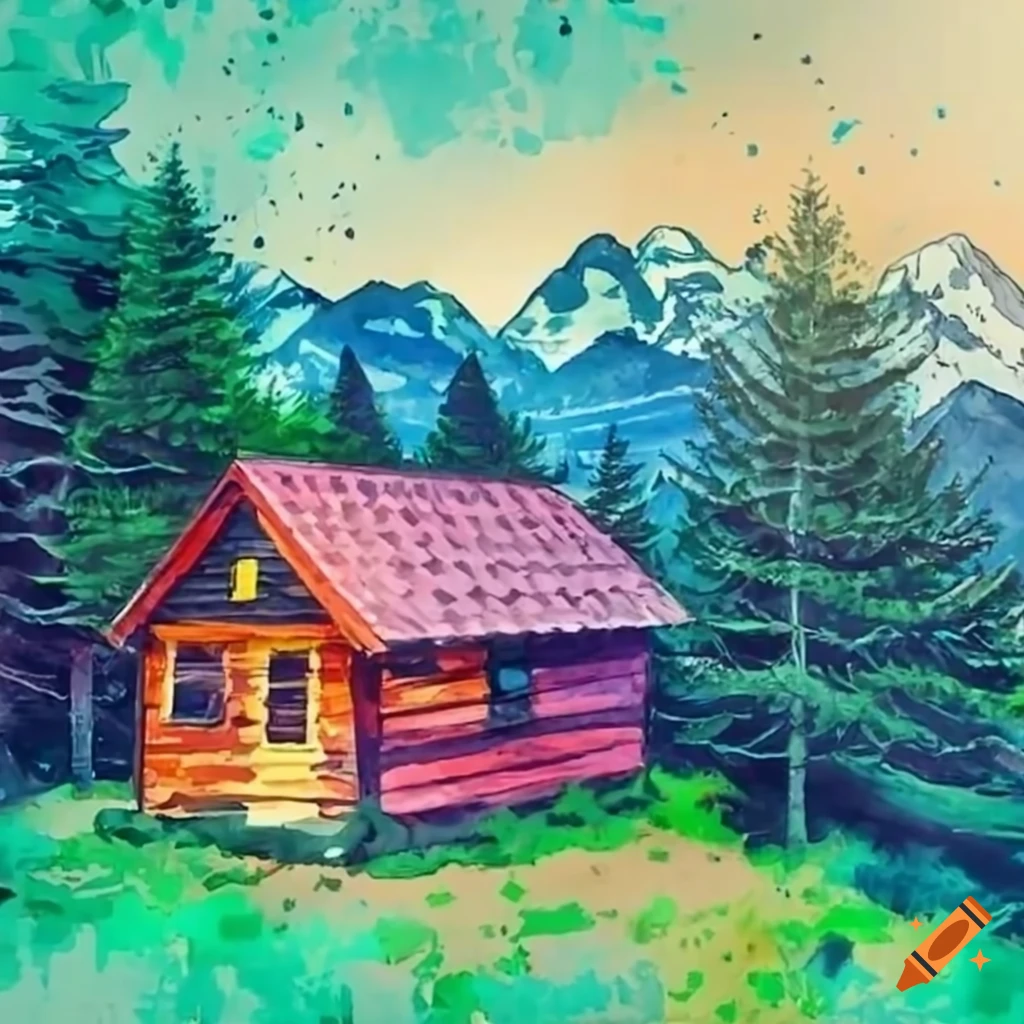 Cabin surrounded by trees and mountains on Craiyon