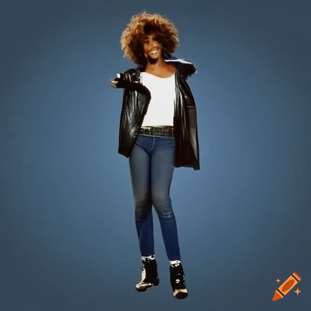 Whitney houston as a ghost in white t-shirt, black leather jacket, and ...