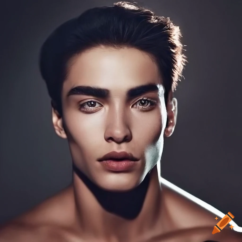 Male supermodel with diverse heritage, high cheekbones, striking eyes, and masculine jawline on ...