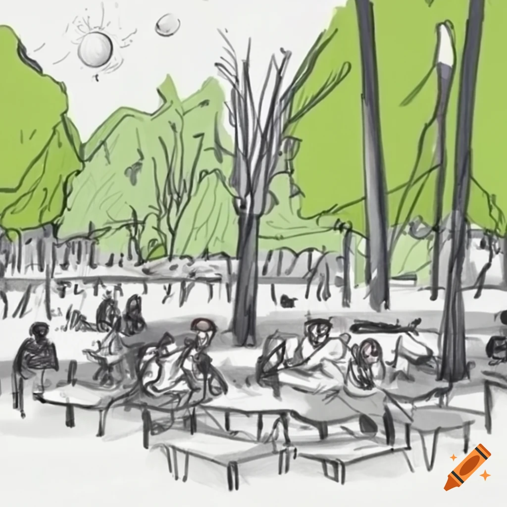 Sleek minimalist community seating space sketch in a park on Craiyon