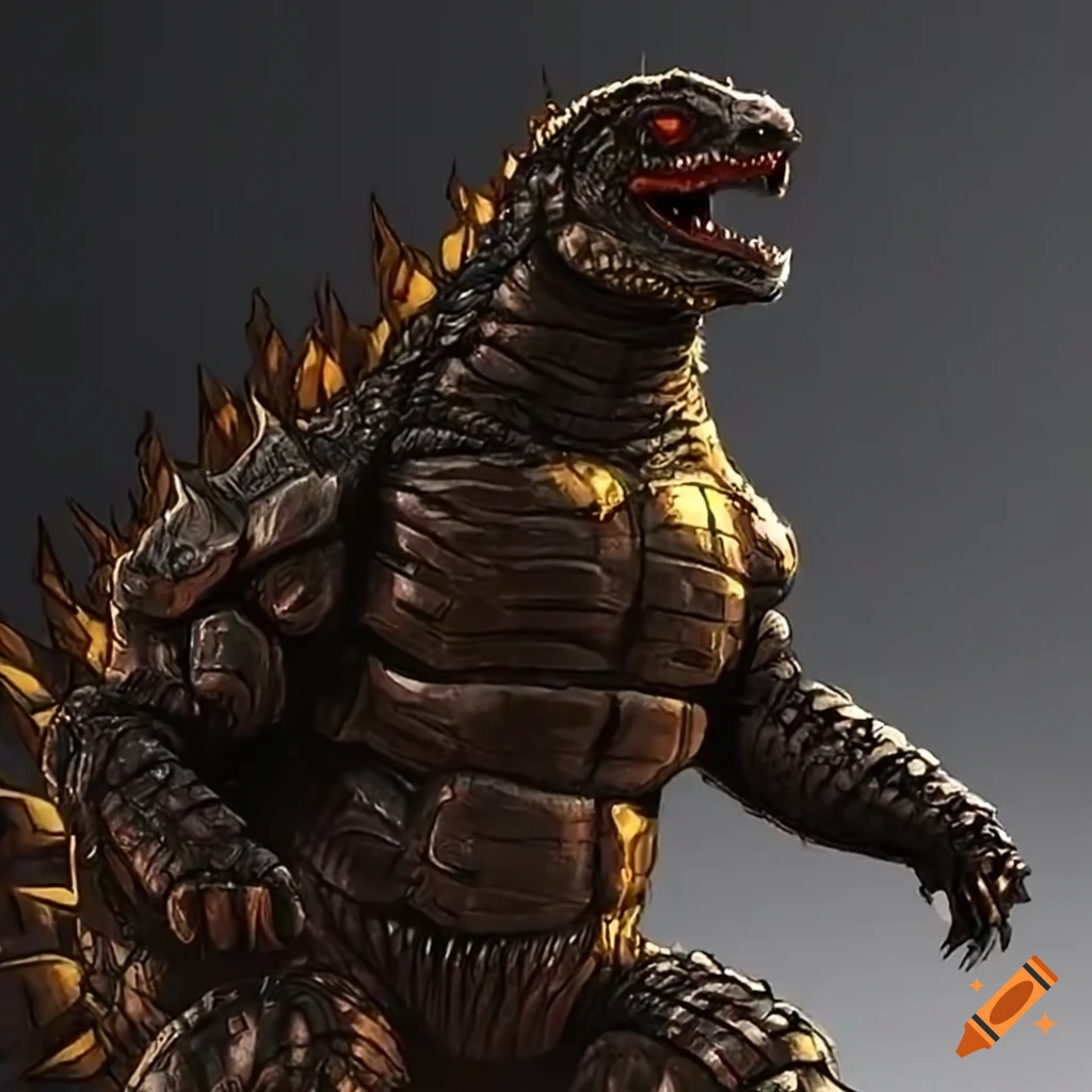 Image of heavily armored metallic muscular godzilla