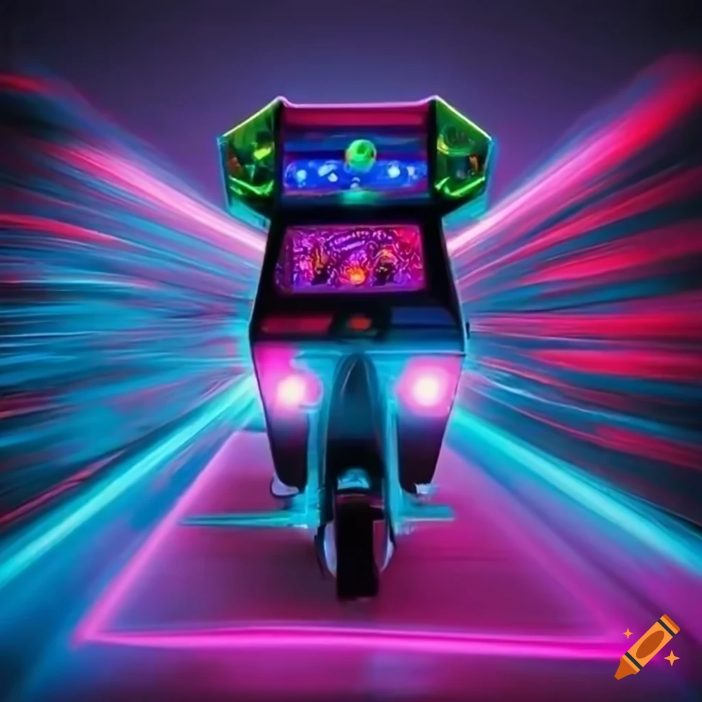 Neon-lit motorcycle racing through an arcade