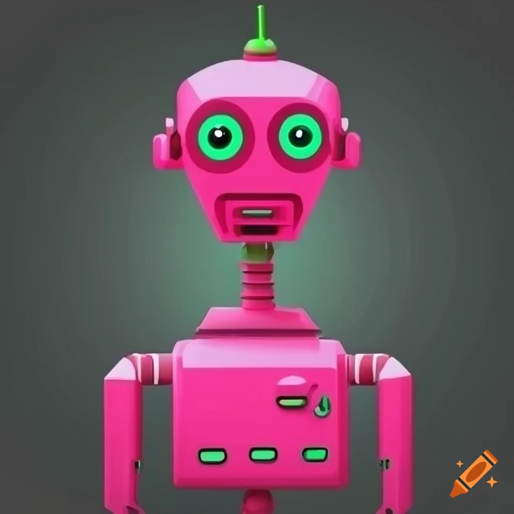 Simple cute neon pink and green robot in 2d art style