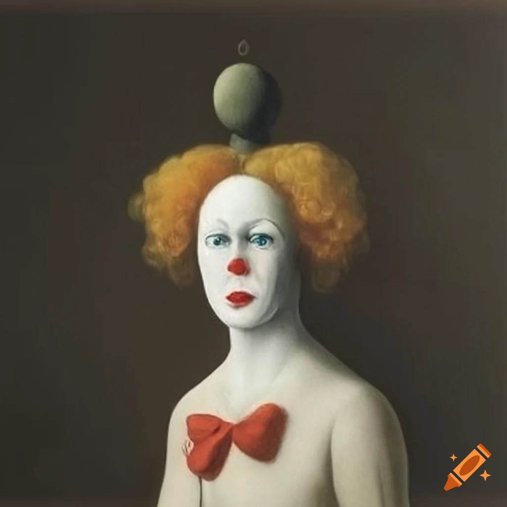 Full body standing female clown by rene magritte
