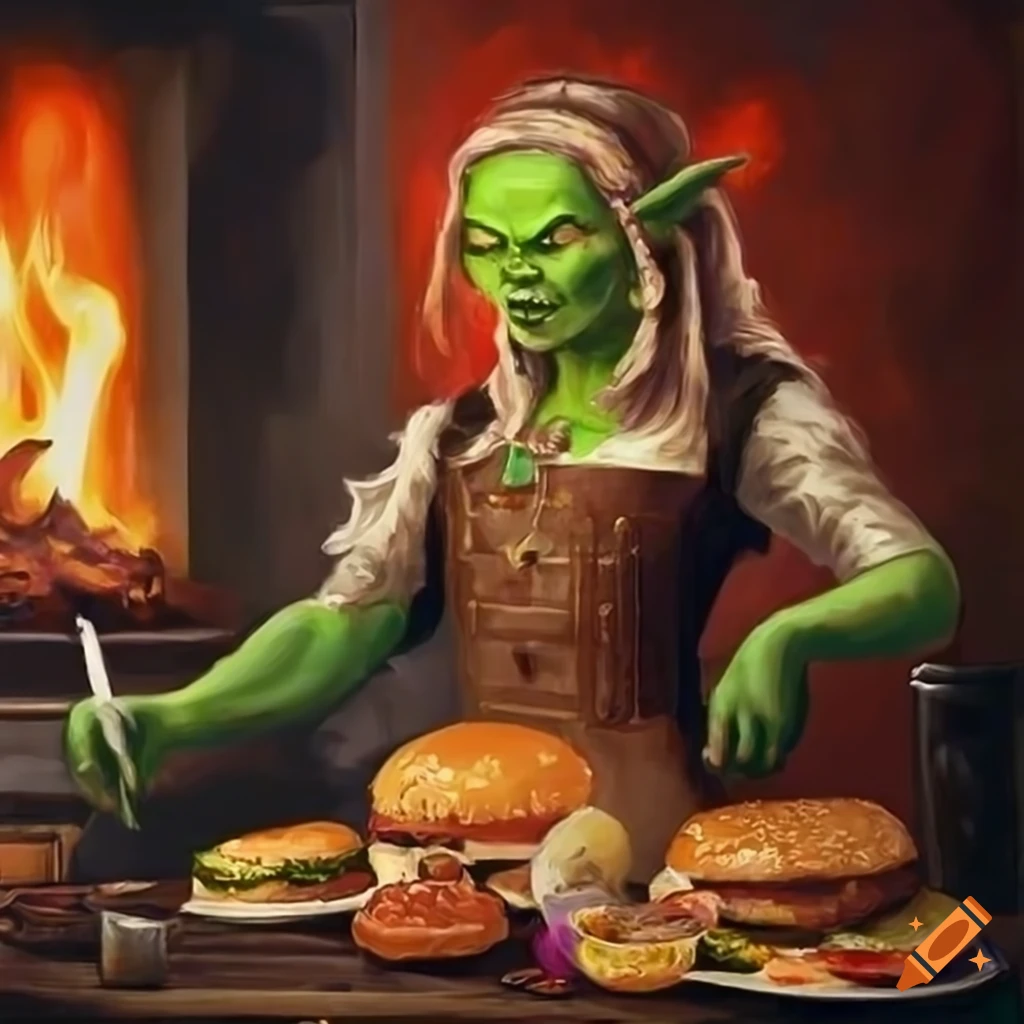 Renaissance-inspired orc woman cooking burgers in a fiery kitchen on ...