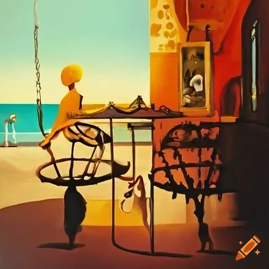 Café patio with seated customers in a dali painting on Craiyon