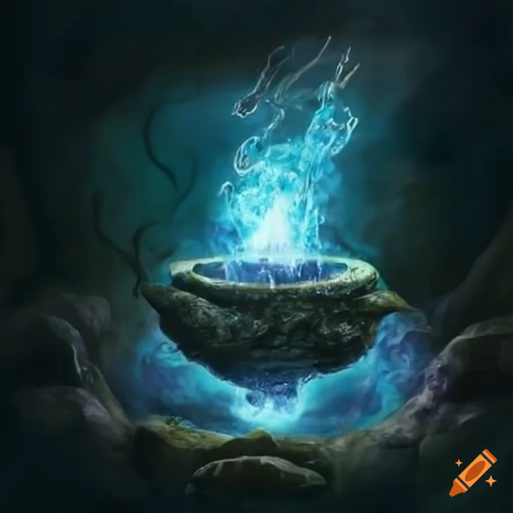 Magic spell summoning spirits with rocks and a water fountain