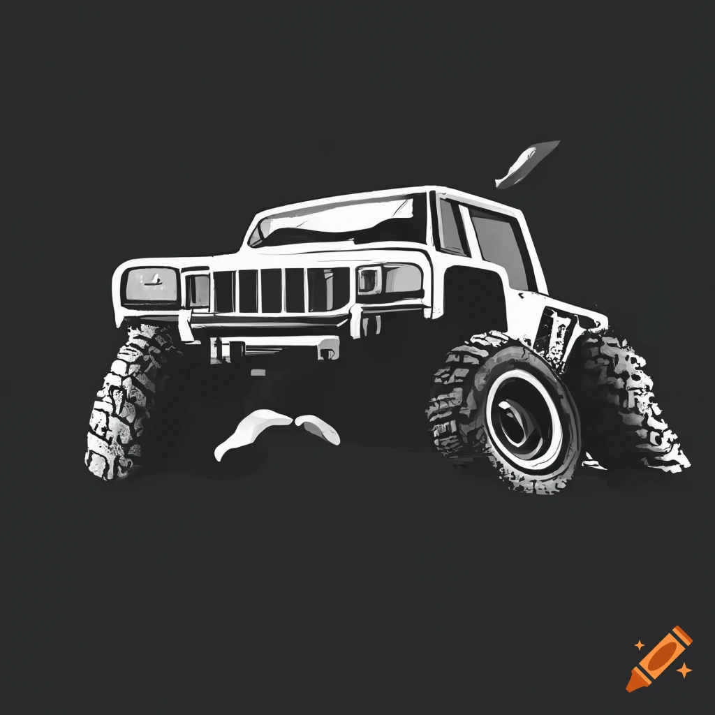 RC Crawler on rocks in black and white clipart on Craiyon