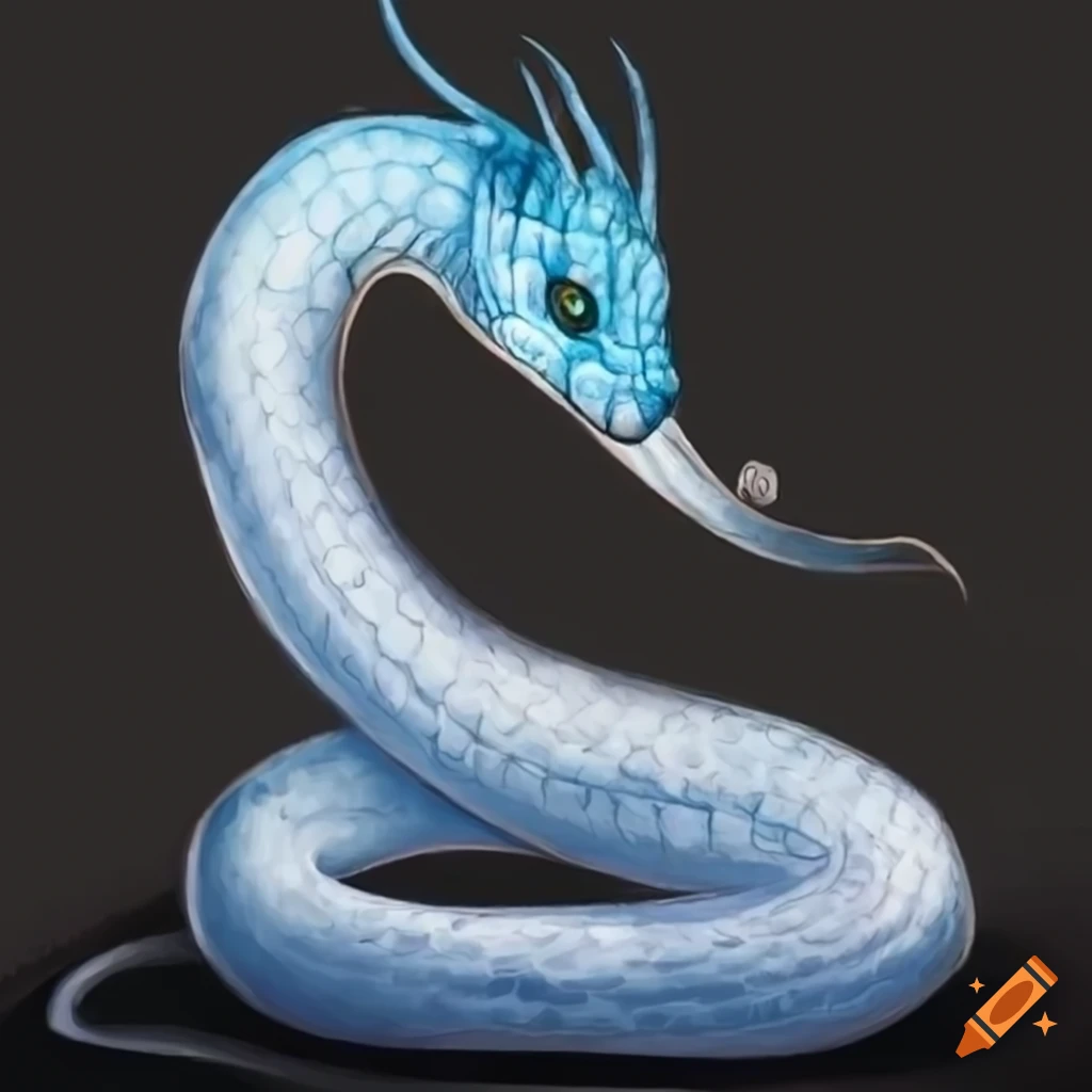 Realistic white snake with blue details and small deer antlers