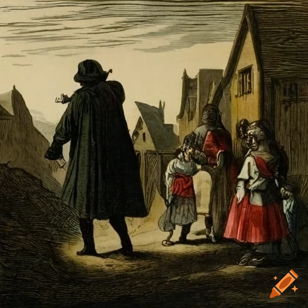 Group of pilgrims in a new settlement with a mysterious figure in a ...