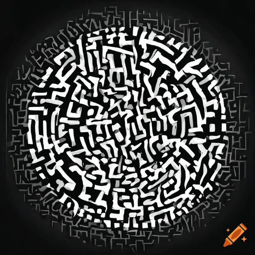 Abstract black and white mosaic painting of a crowd in a maze on Craiyon