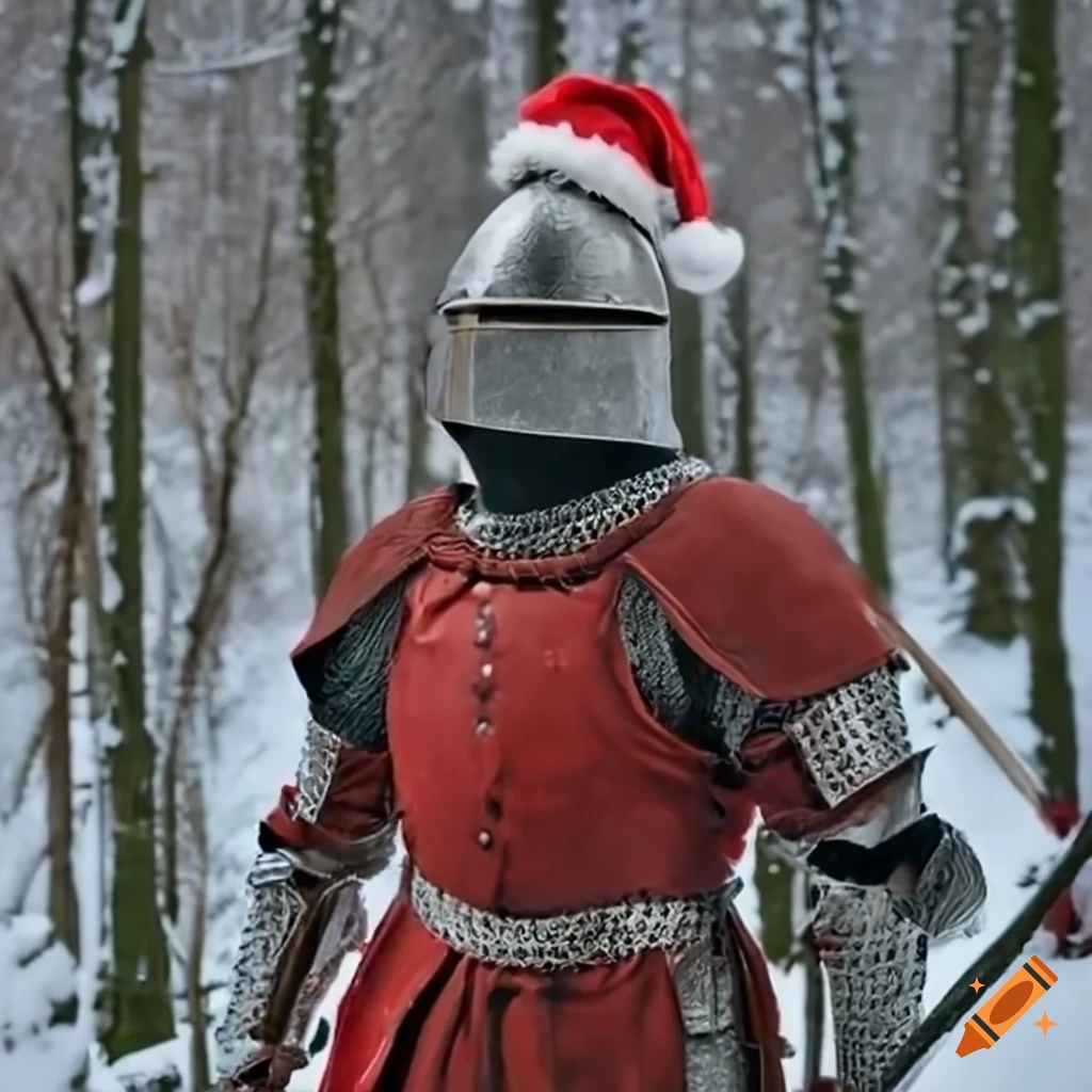 Knight in red and silver armor with a santa hat in a snowy forest on ...