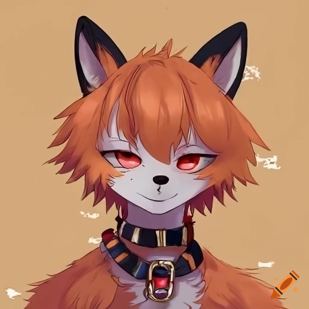 Orange male kemono furry fox with bell collar and red eyes on Craiyon