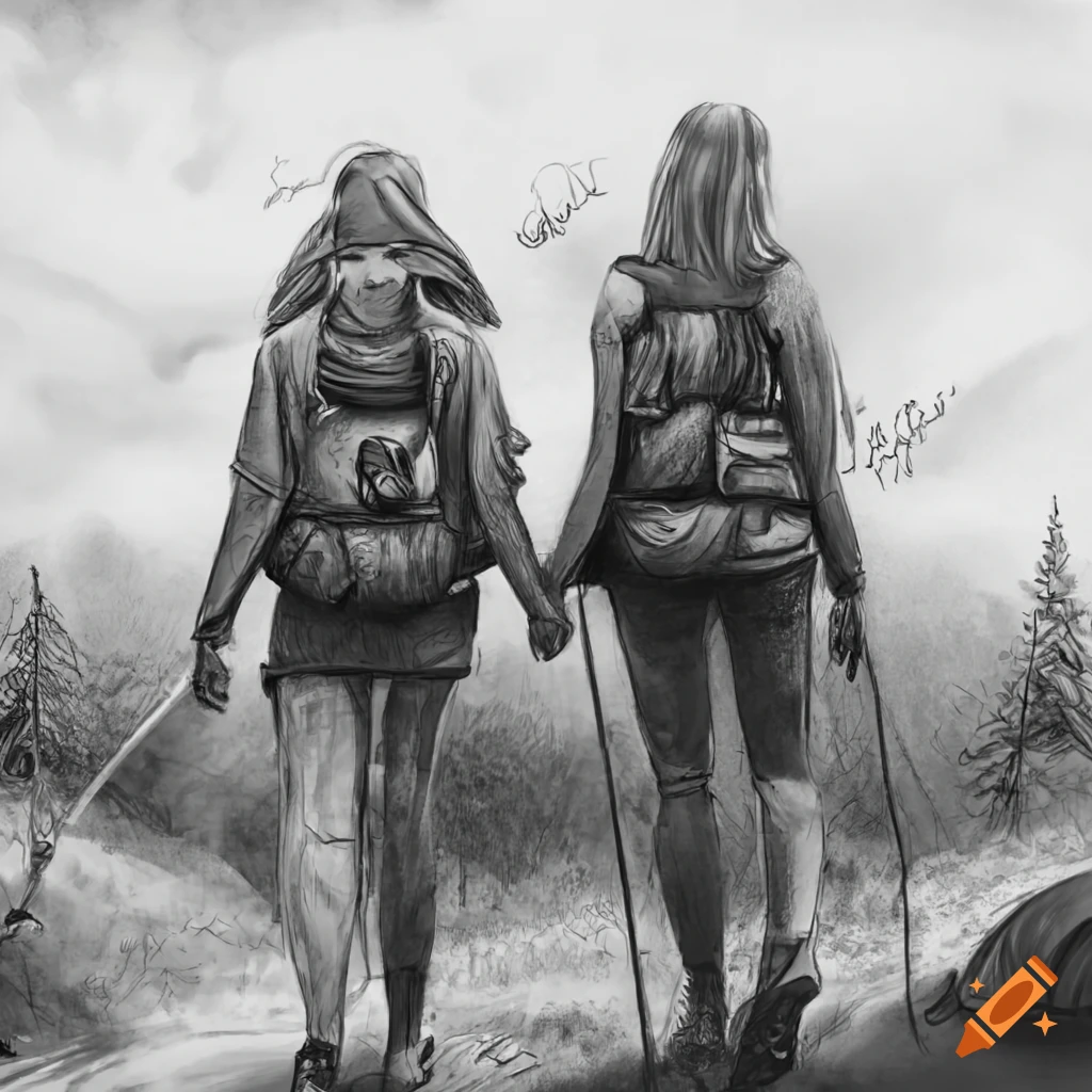 Pencil drawing of two college women backpacking and camping on Craiyon