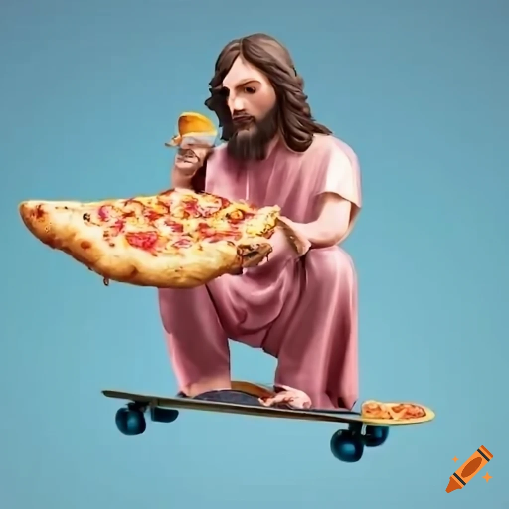 Jesus christ skateboarding and enjoying pizza on Craiyon